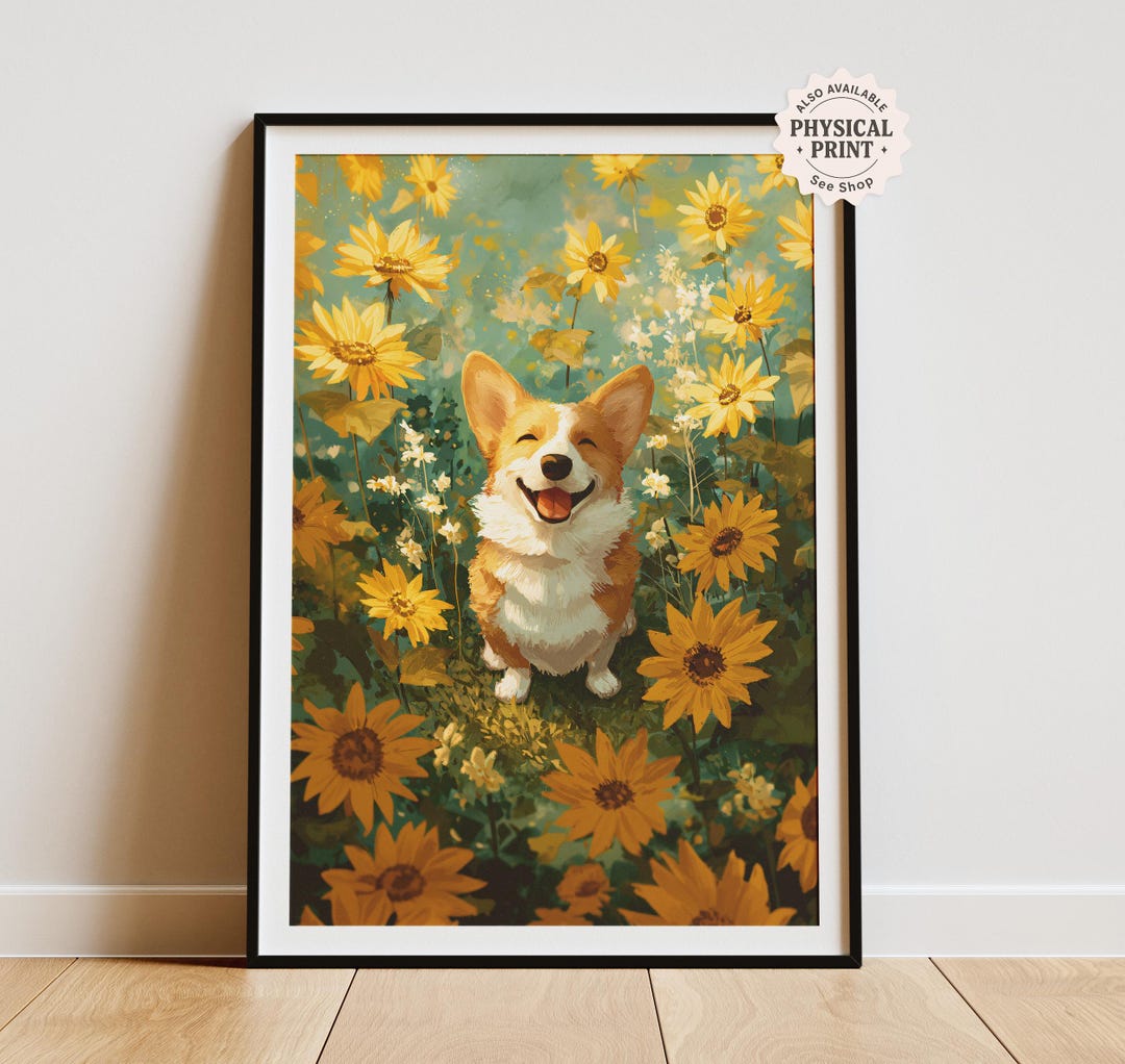 Corgi Sunflower Art Print, Cottagecore Dog Poster (digital Download) - Etsy