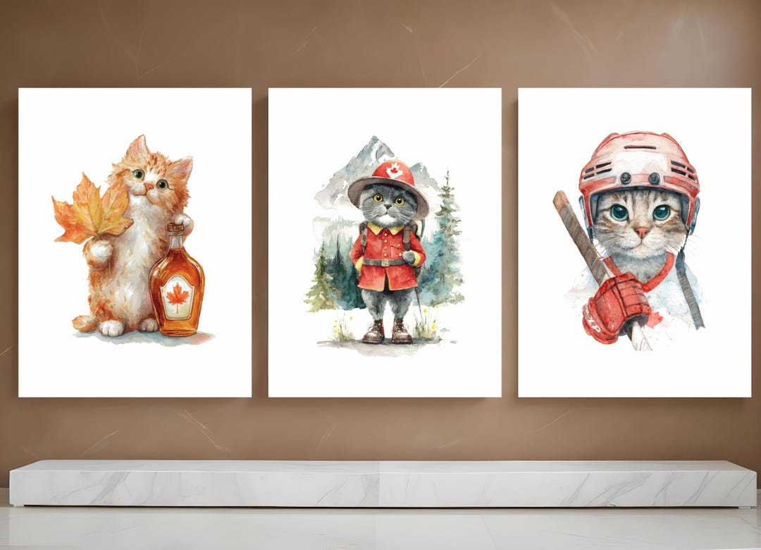 Canada Cat Wall Art – Mountie, Maple Syrup & Hockey Kitten, Funny ...