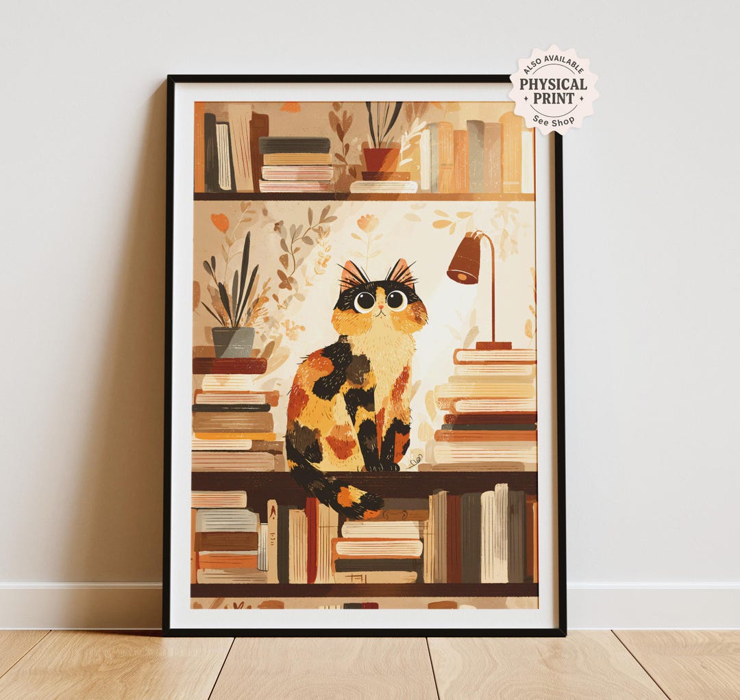 Calico Cat Bookshelf Print, Cozy Reading Room Decor (digital Download ...