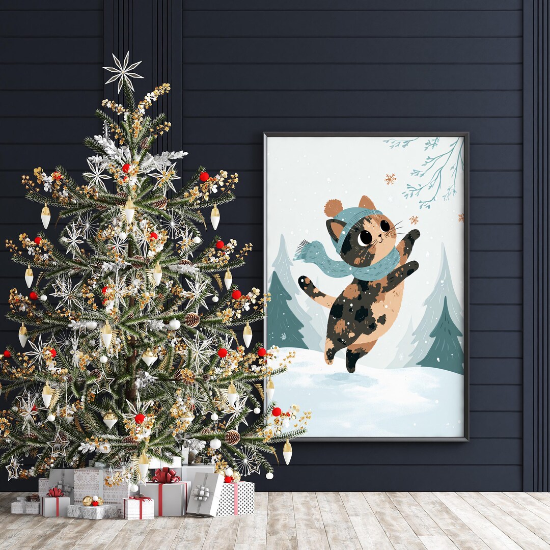 Calico Cat Christmas Poster • Cozy Whimsical Winter Art • Tortoiseshell ...