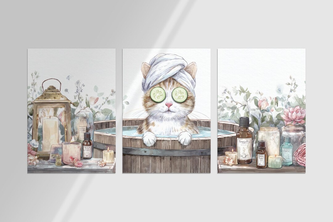 Boho Spa Kitty – Printable Wellness Cat Triptych for Bedroom or Gift ...