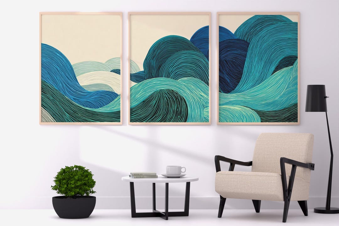 Blue Wave Triptych • Abstract Ocean Art Print Set (digital Download) - Etsy