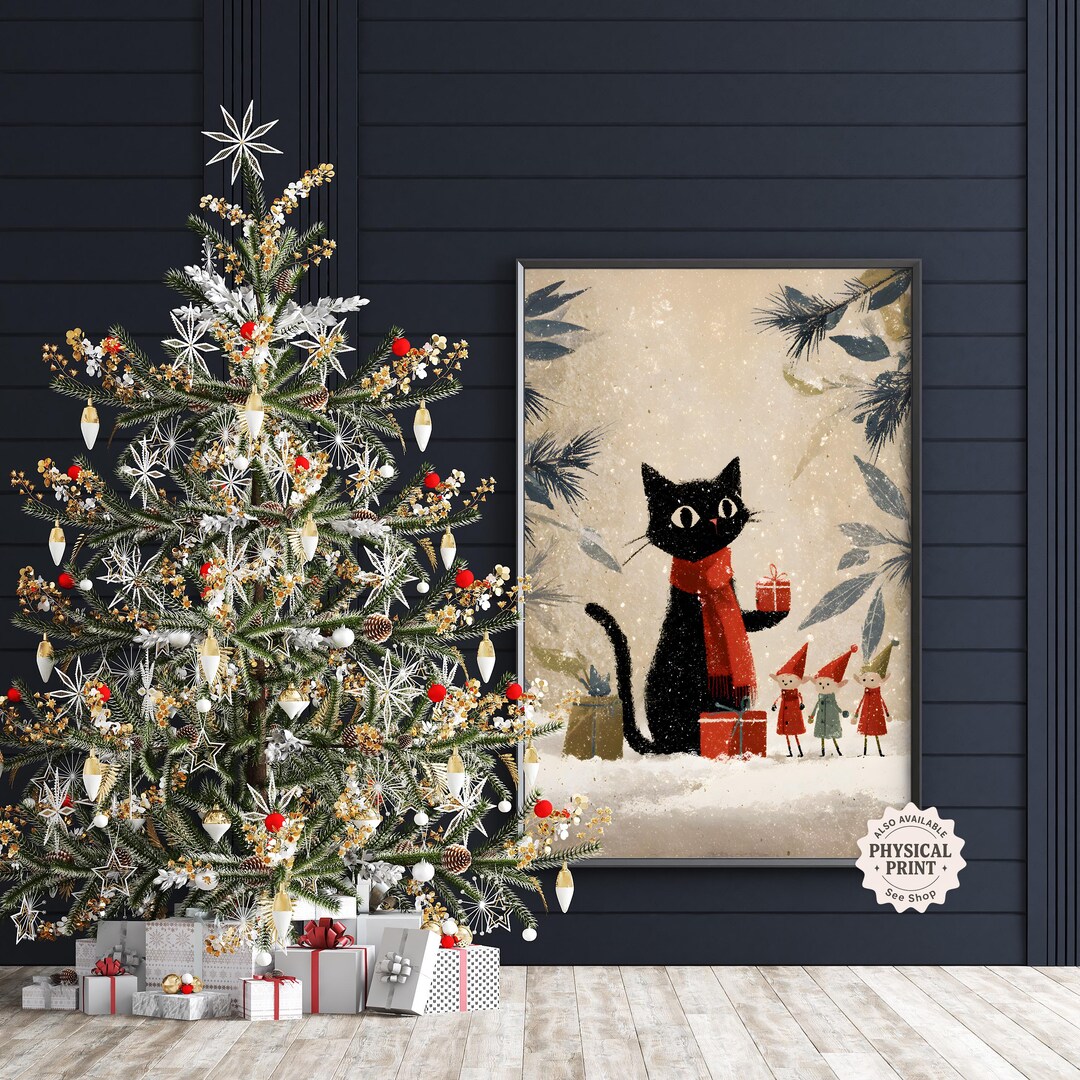Vintage Christmas Cat Print: Elves & Gifts, Whimsical Holiday Decor ...