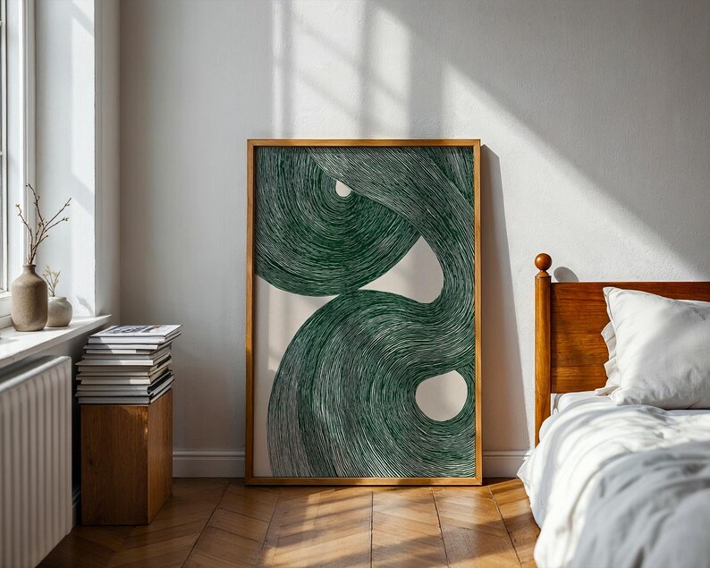 Deep Green Abstract Wave Wall Art Print, Japandi Minimalist Poster ...