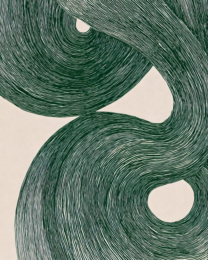 Deep Green Abstract Wave Wall Art Print, Japandi Minimalist Poster ...