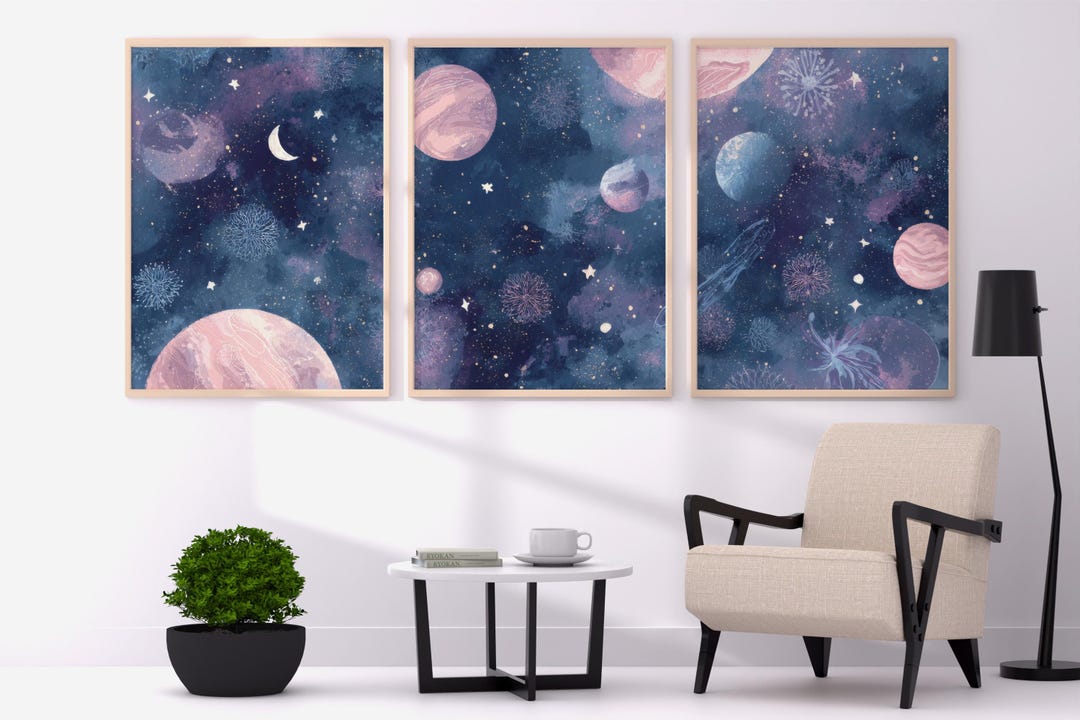 Dark Space Galaxy Triptych – Cosmic Digital Wall Art With Planets ...