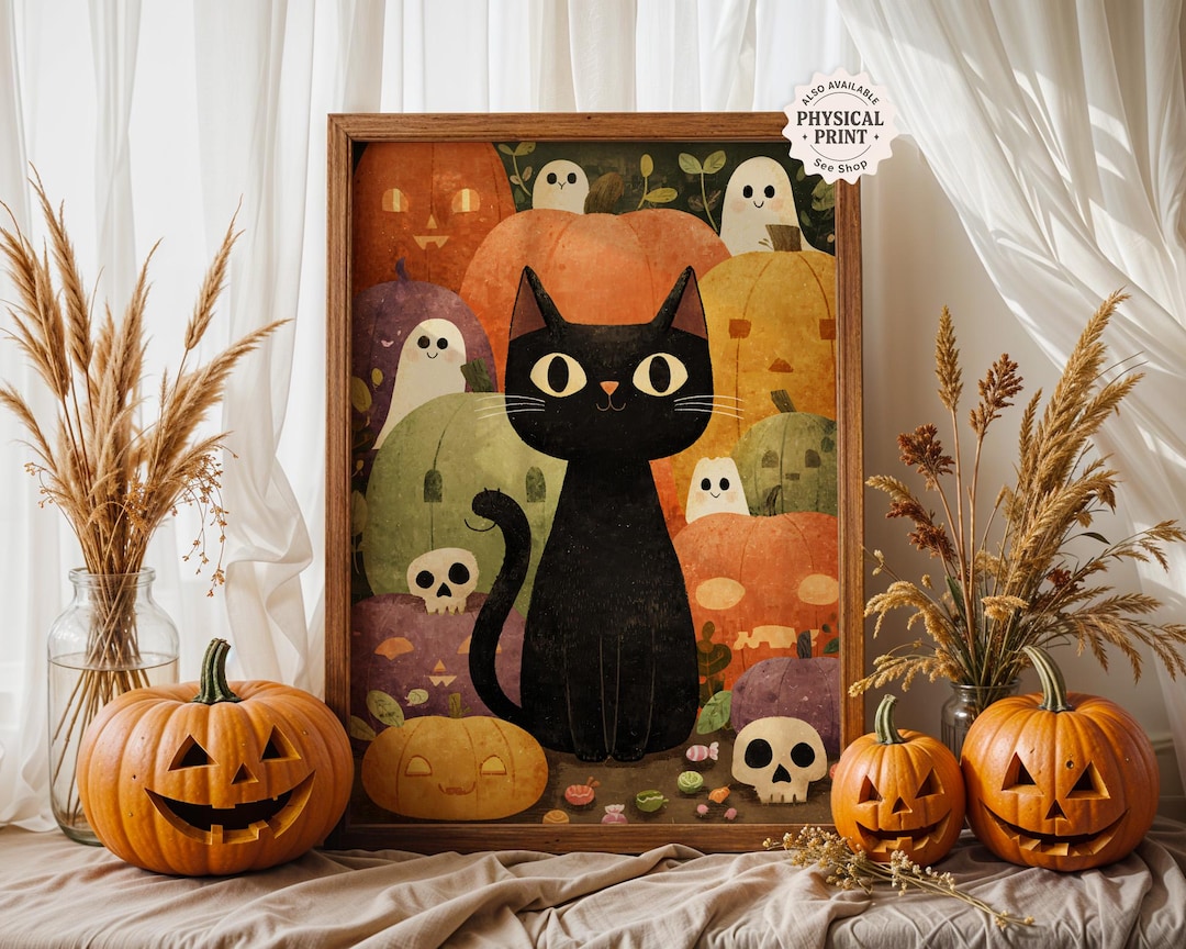 Halloween Black Cat Wall Art Printable, Cat With Pumpkins and Ghosts ...