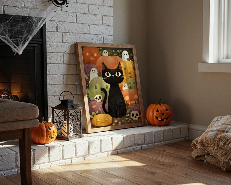 Halloween Black Cat Wall Art Printable, Cat With Pumpkins and Ghosts ...