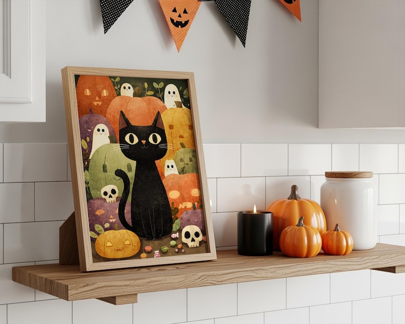 Halloween Black Cat Wall Art Printable, Cat With Pumpkins and Ghosts ...