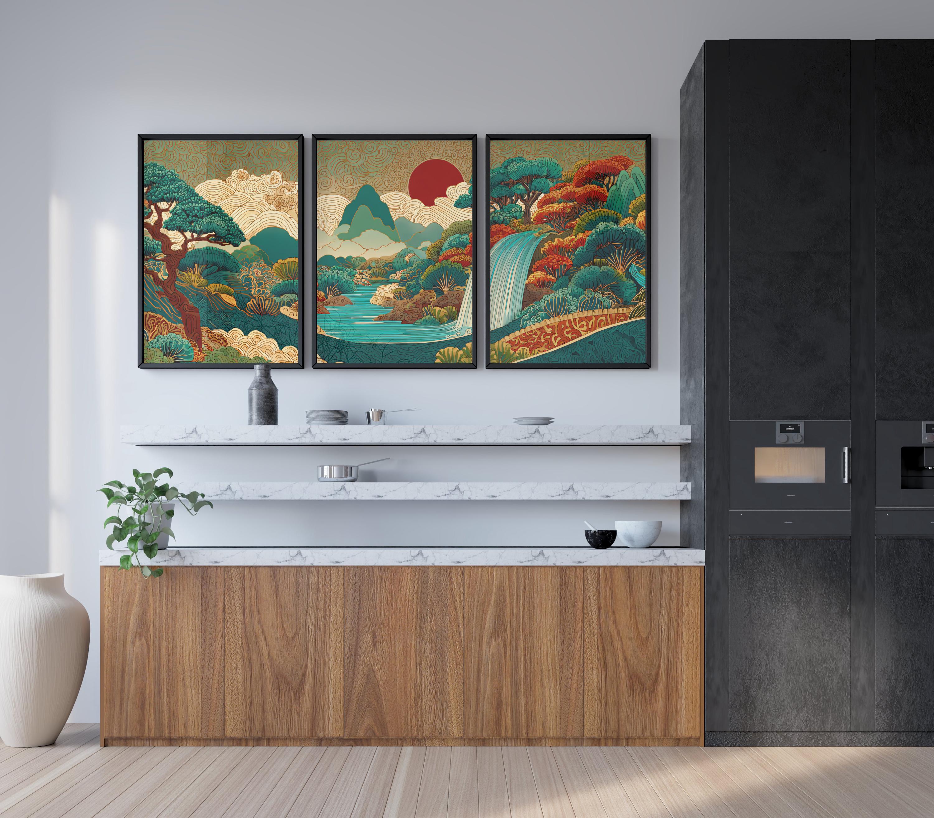 Tríptico de arte mural Japandi, impresiones de paisajes japoneses ...