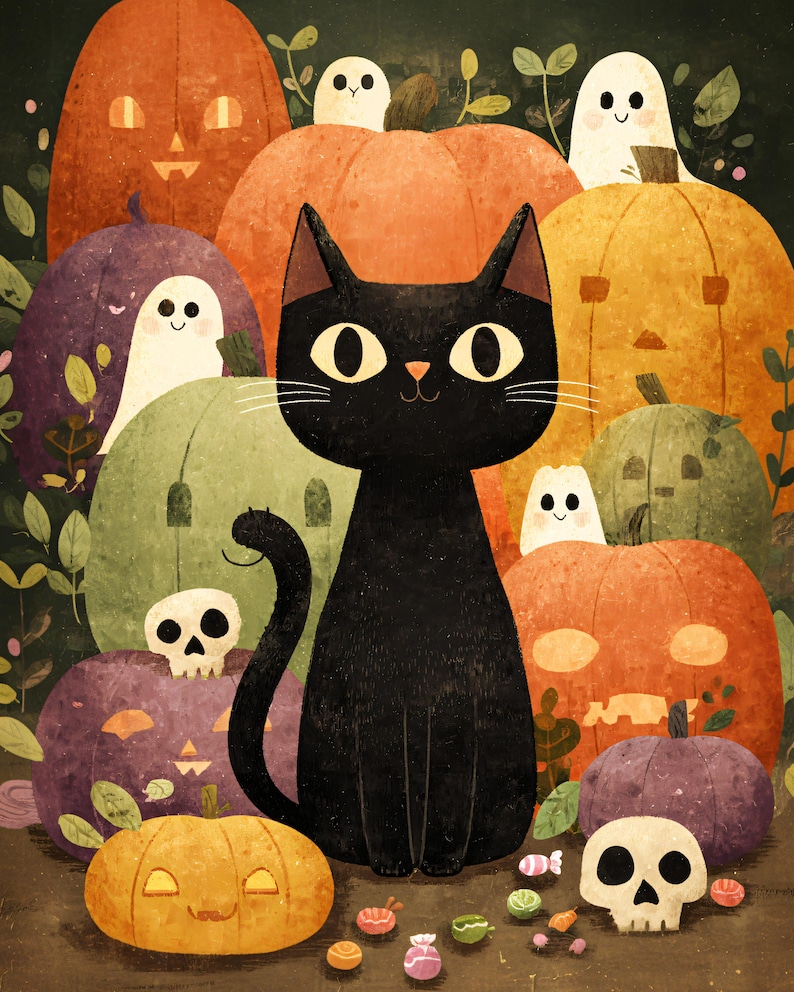 Halloween Black Cat Wall Art Printable, Cat With Pumpkins and Ghosts ...