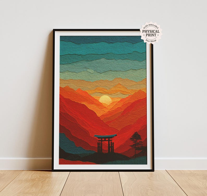 Japanese Sunset Print: Torii Gate, Zen Mountain Landscape (digital ...