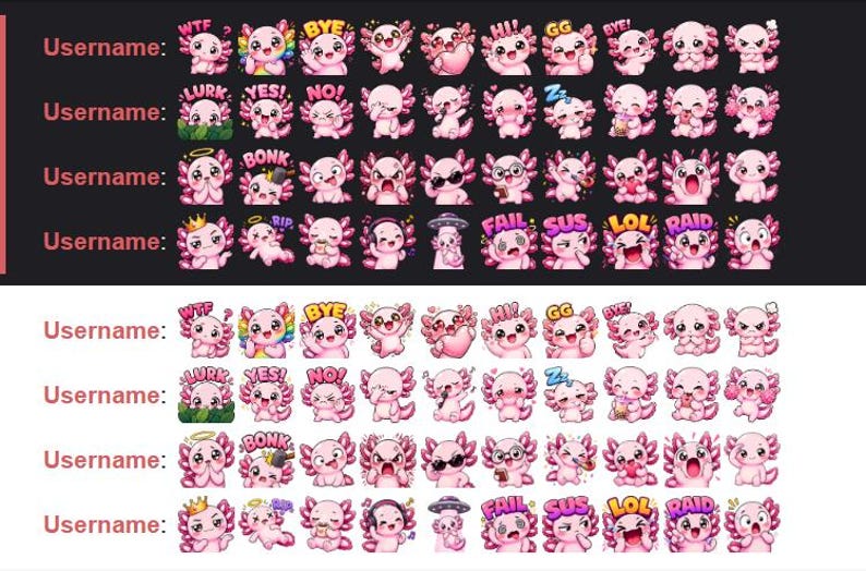 Axolotl Emotes Pack – Cute Twitch Emotes (40) | Pink Kawaii Emote ...