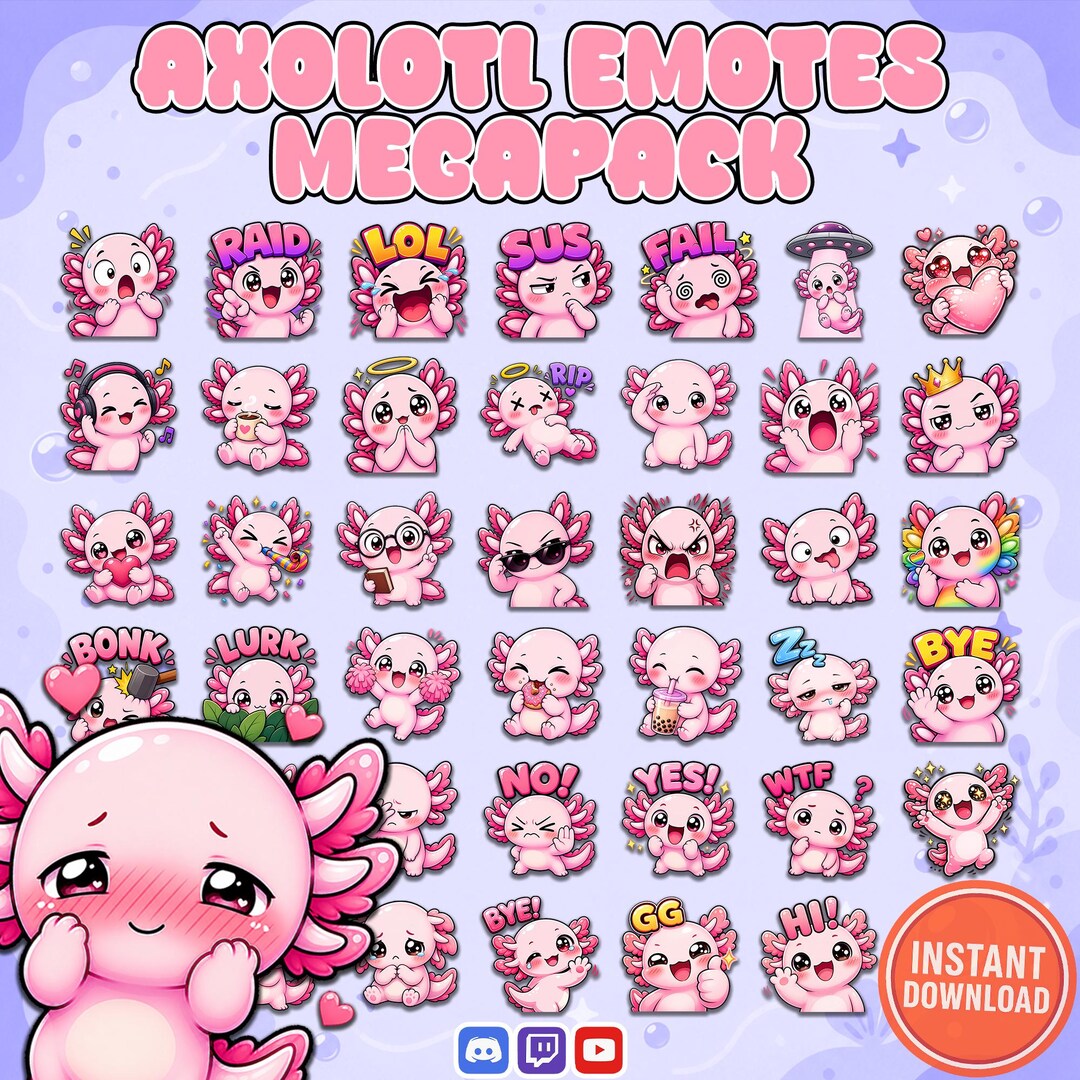 Axolotl Emotes Pack – Cute Twitch Emotes (40) | Pink Kawaii Emote ...