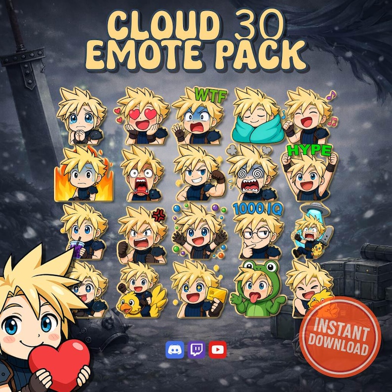 Cloud Strife Chibi Emotes | Final Fantasy VII Emotes | FF7 Twitch ...