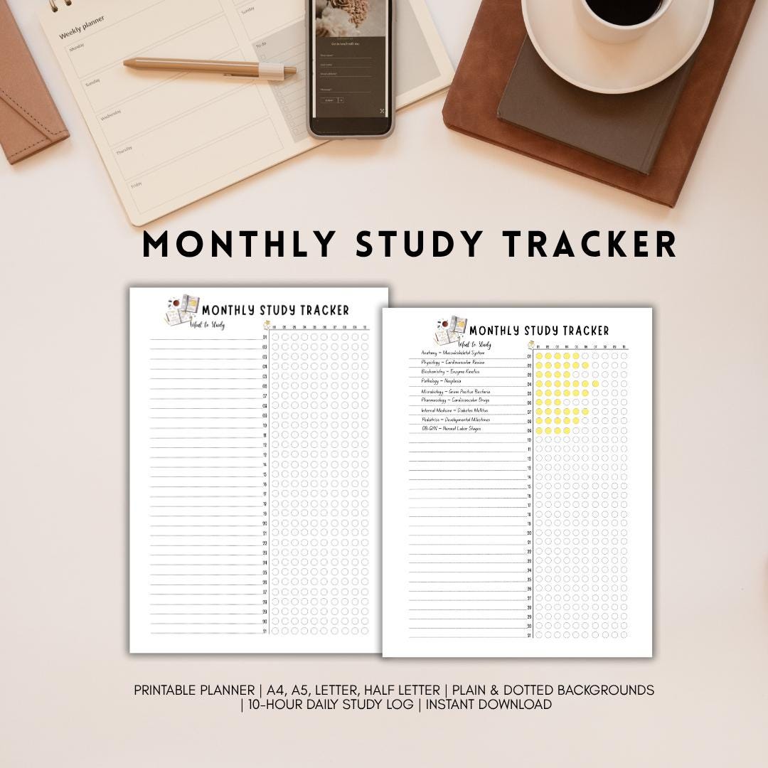 Monthly Study Tracker: Minimalist Printable Planner (A4, A5 PDF Digital ...