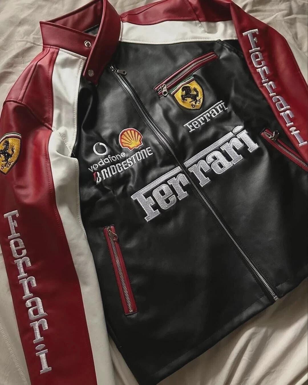 Men's Black & Red Ferrari Embroidered Vintage F1 Racing Leather ...