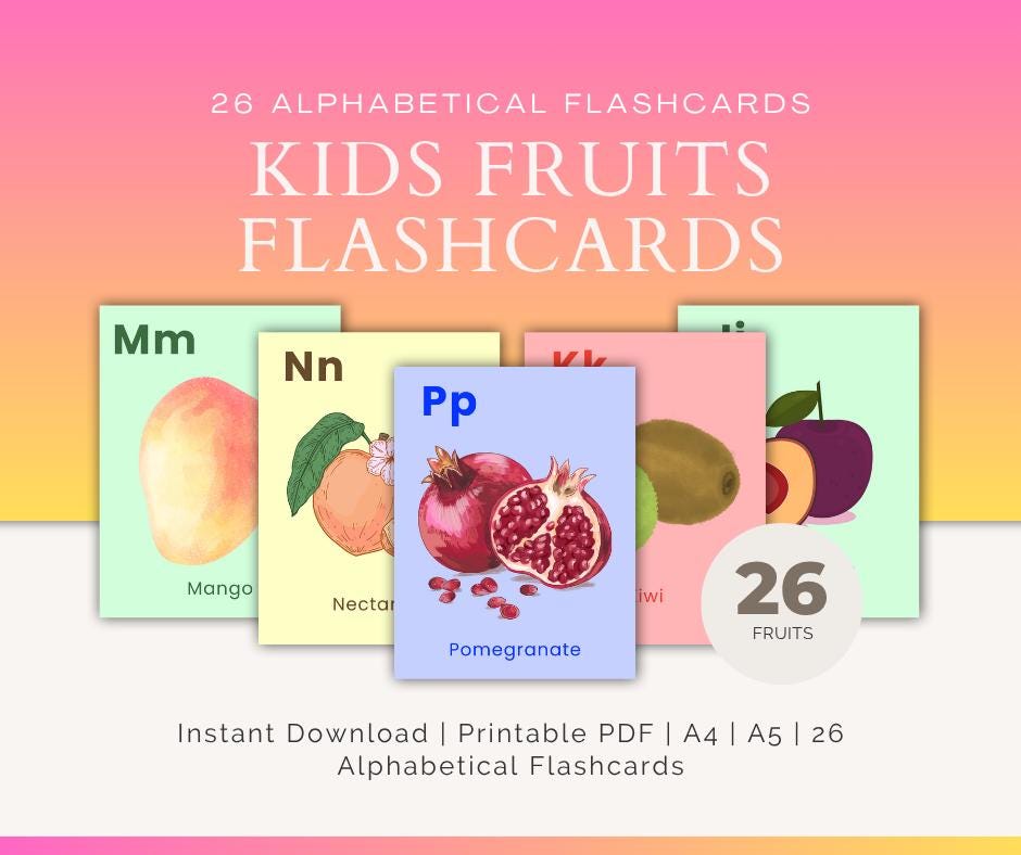 Printable Fruit Alphabet Flashcards: Montessori Kids Learning (A4/A5 ...