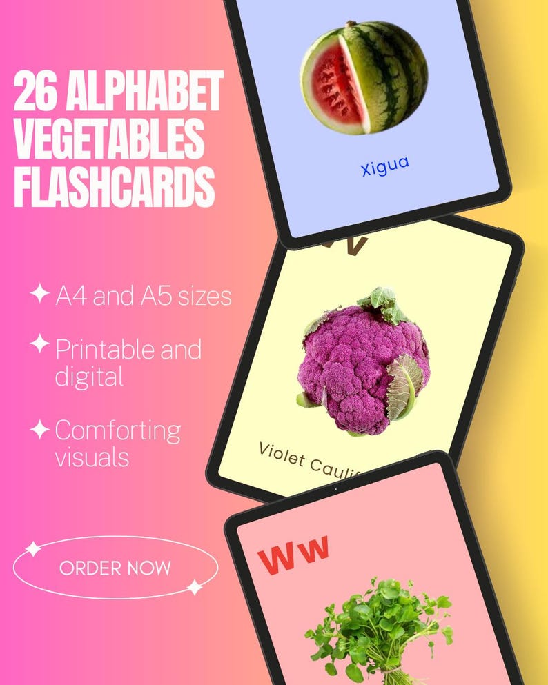Vegetable Flashcards: Montessori Alphabet Learning Cards (printable PDF ...