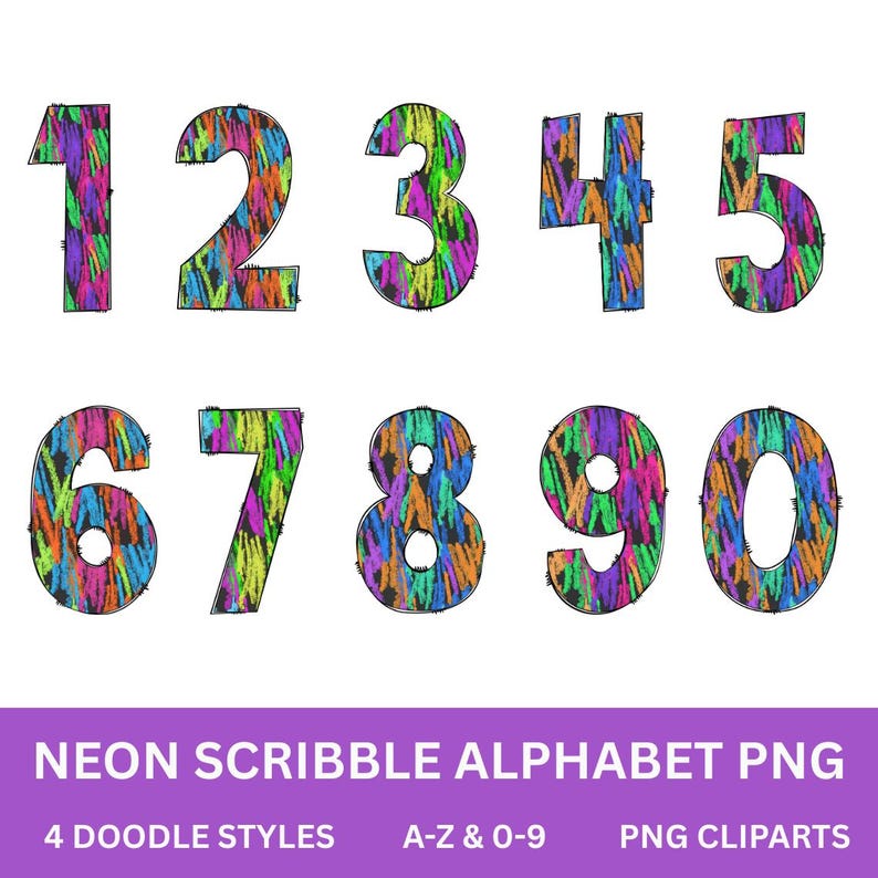 Neon Scribble Doodle Alphabet & Numbers PNG Bundle | Vibrant Colorful ...