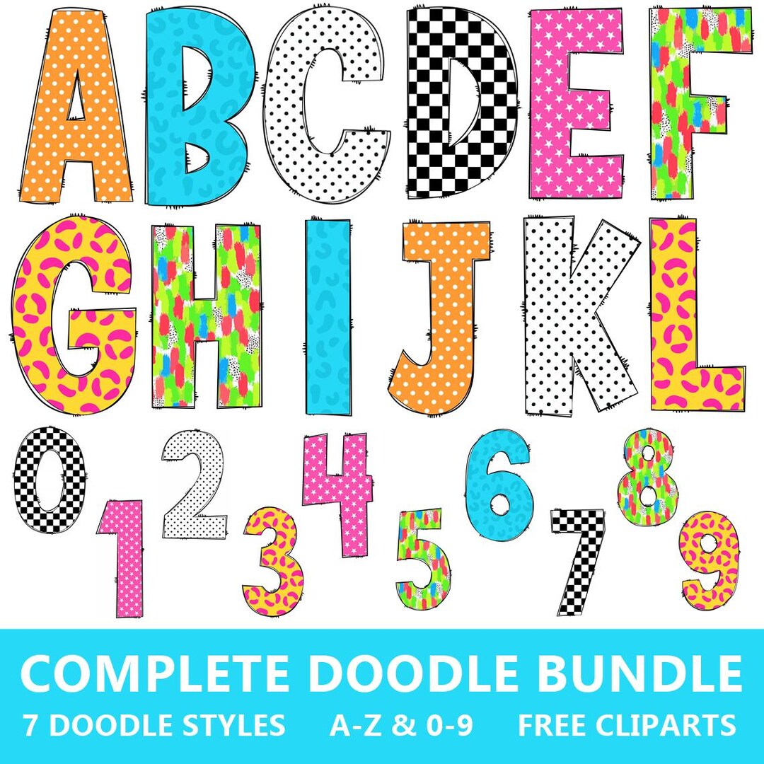 Vibrant Doodle Alphabet Number PNG Bundle Pack | PNG Clipart Font | A-Z ...