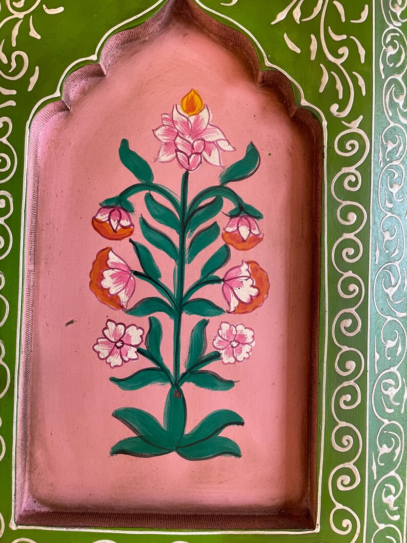Green Floral Wooden Wall Niche | Hand-painted Pink Panel | Indian ...