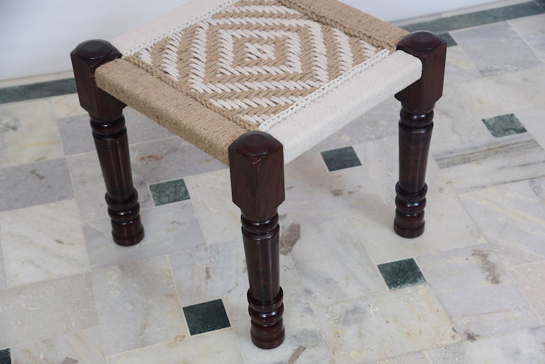 Handwoven Indian Wooden Stool – Traditional Bajot Charpai Seat – Rustic ...