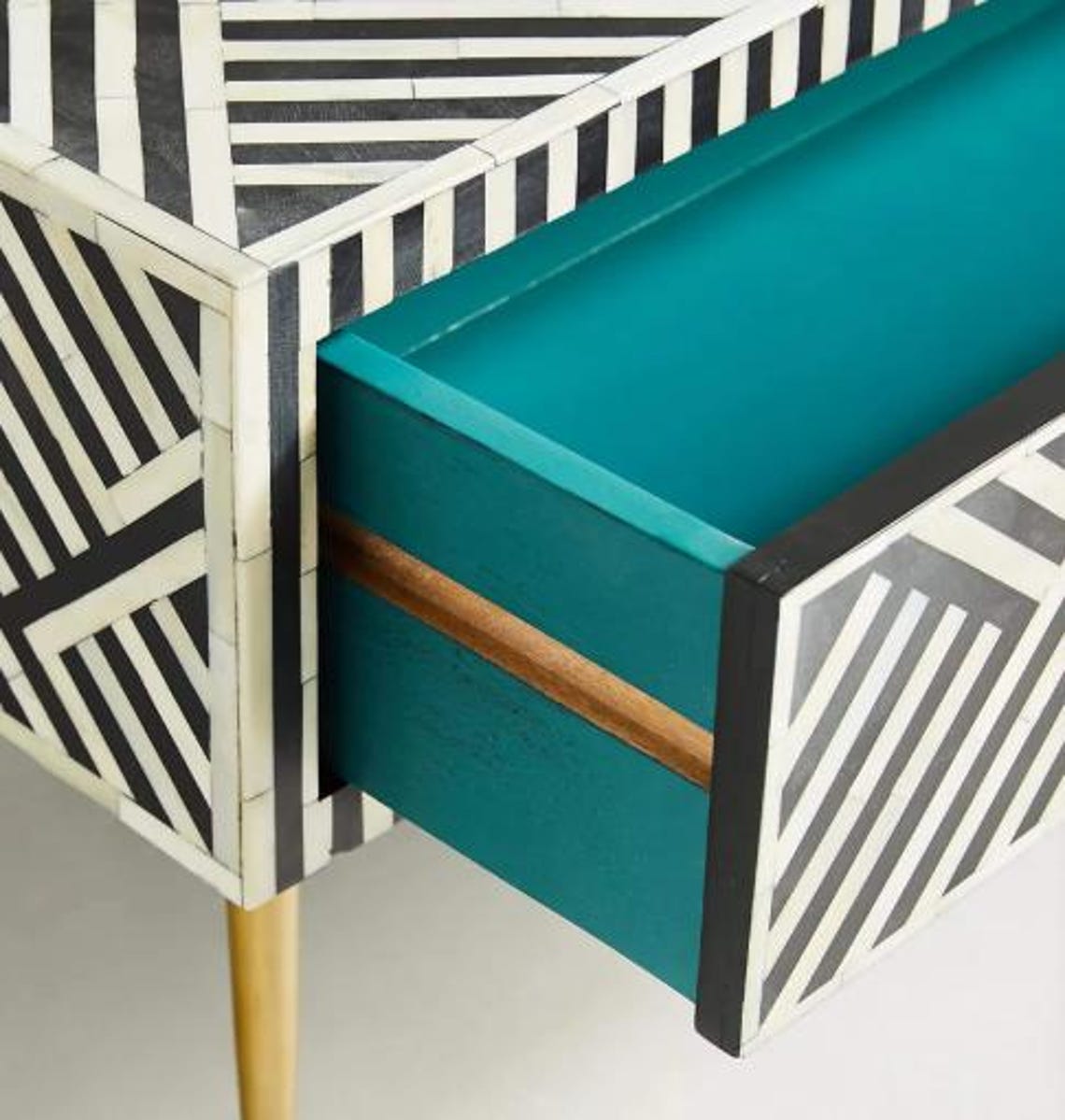 Geometric Bone Inlay Coffee Table With Brass Legs – Handmade Black ...