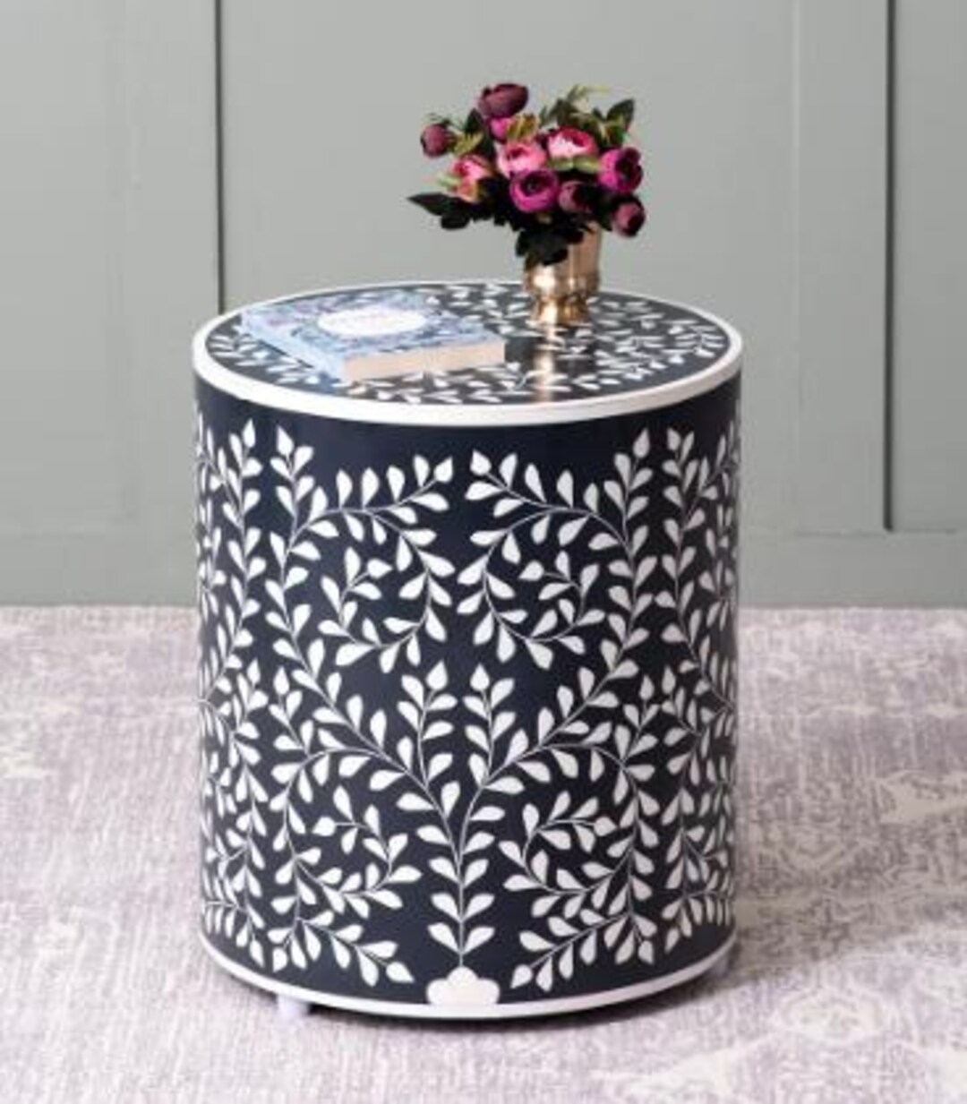 Navy Blue Round Bone Inlay Side Table – Handmade Floral Accent Table ...