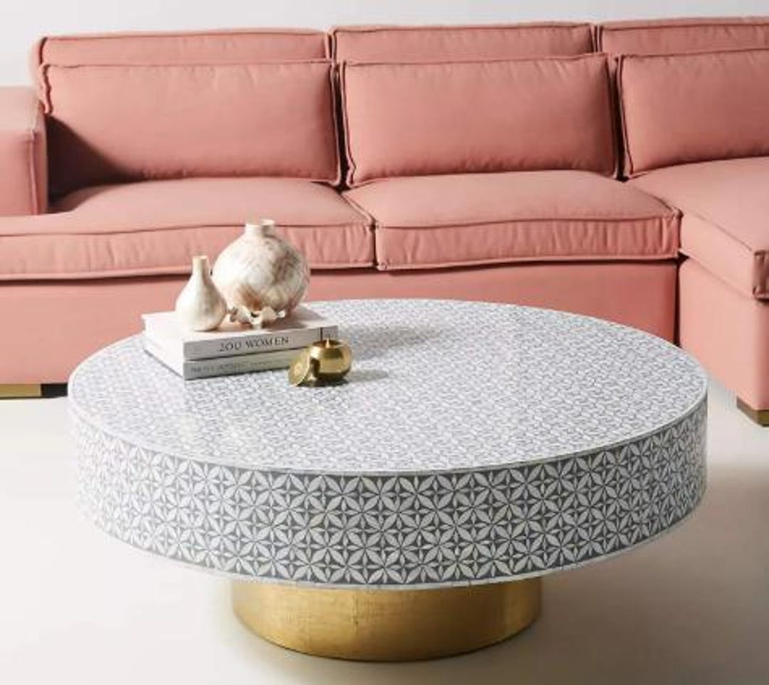 Round Bone Inlay Coffee Table With Floral Pattern & Brass Base ...