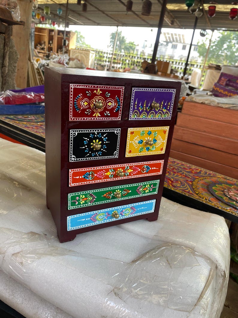Hand-painted Wooden Chest With 7 Drawers – Indian Mini Jewelry Box ...