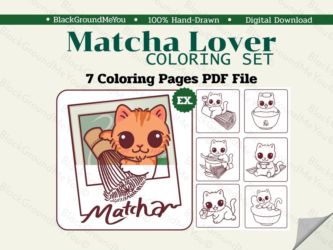 Green Tea Matcha Cat Coloring Pages: Kawaii Hand-drawn Cats (PDF ...