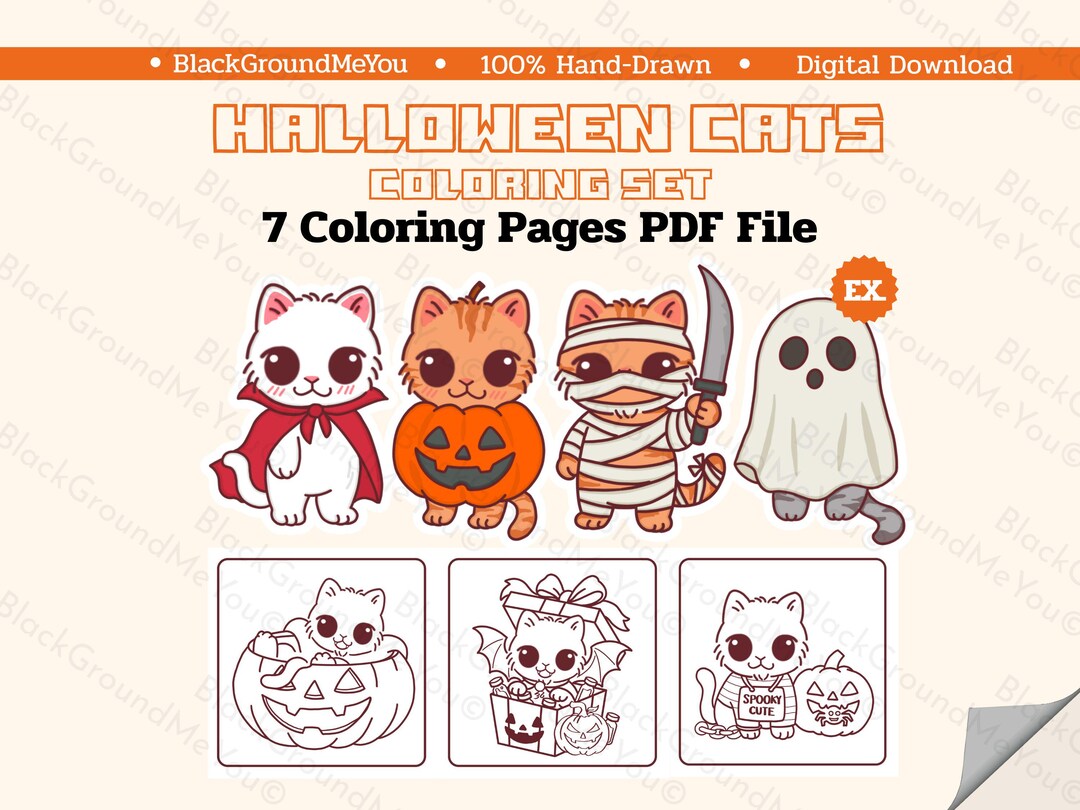 Funny Ghost Cat in Halloween Coloring Pages: Hand-drawn Costumes (PDF ...