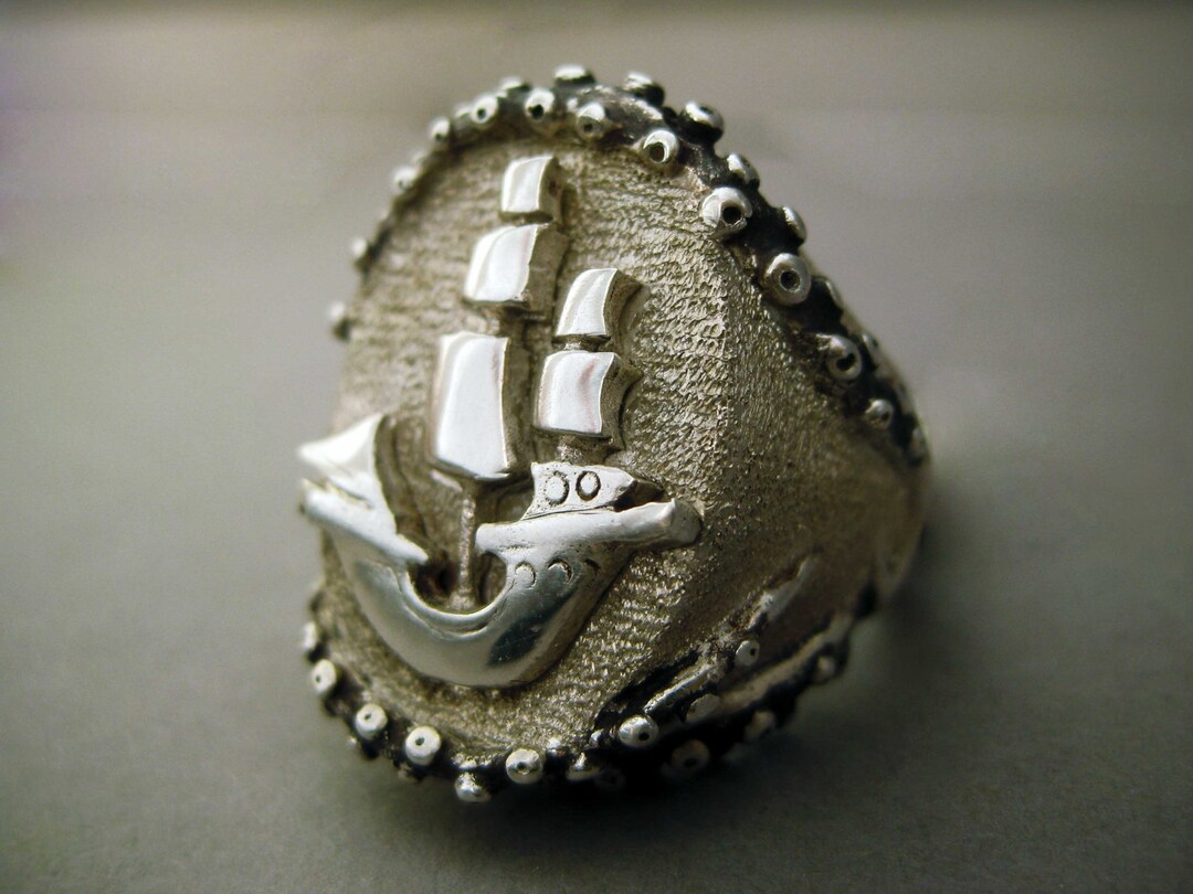 Ship and Tentacles - Sterling Silver Signet Ring - Pirate Ring - Etsy