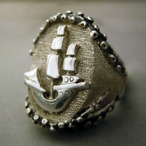 Ship and Tentacles - Sterling Silver Signet Ring - Pirate Ring - Etsy