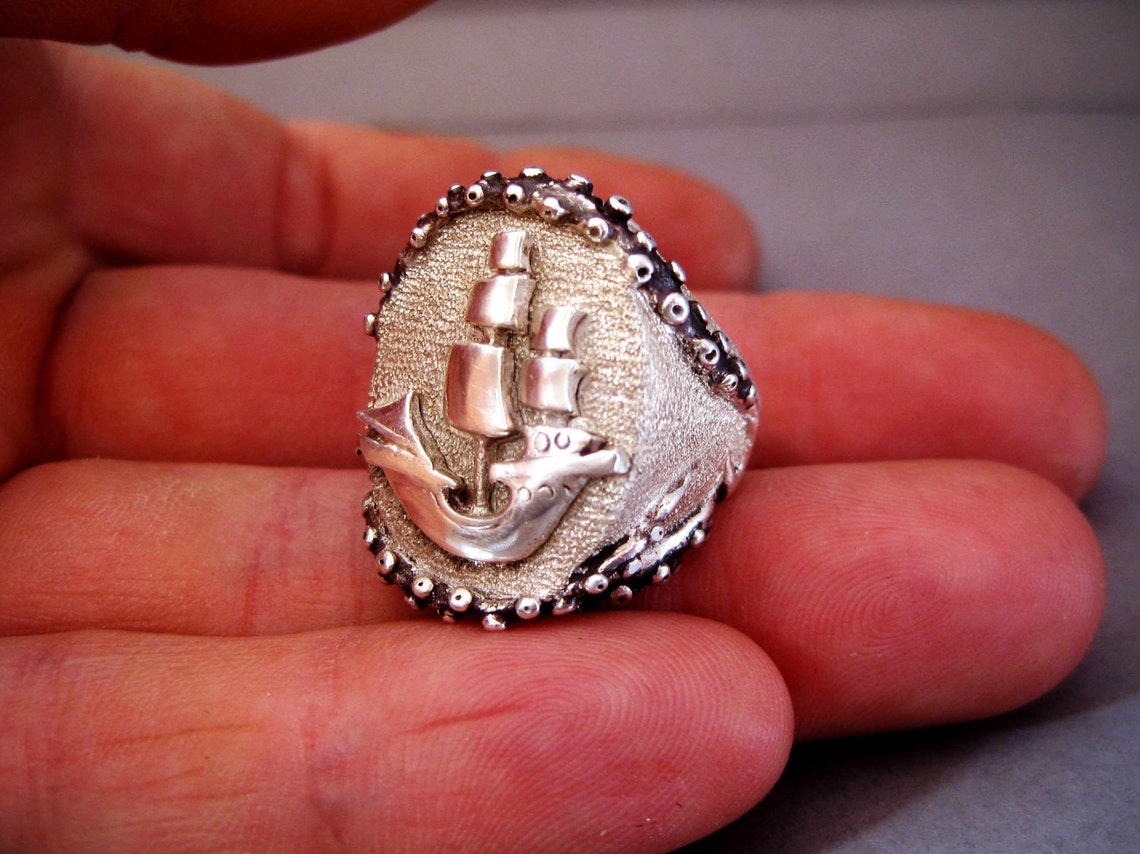 Ship and Tentacles Sterling Silver Signet Ring Pirate Ring | Etsy
