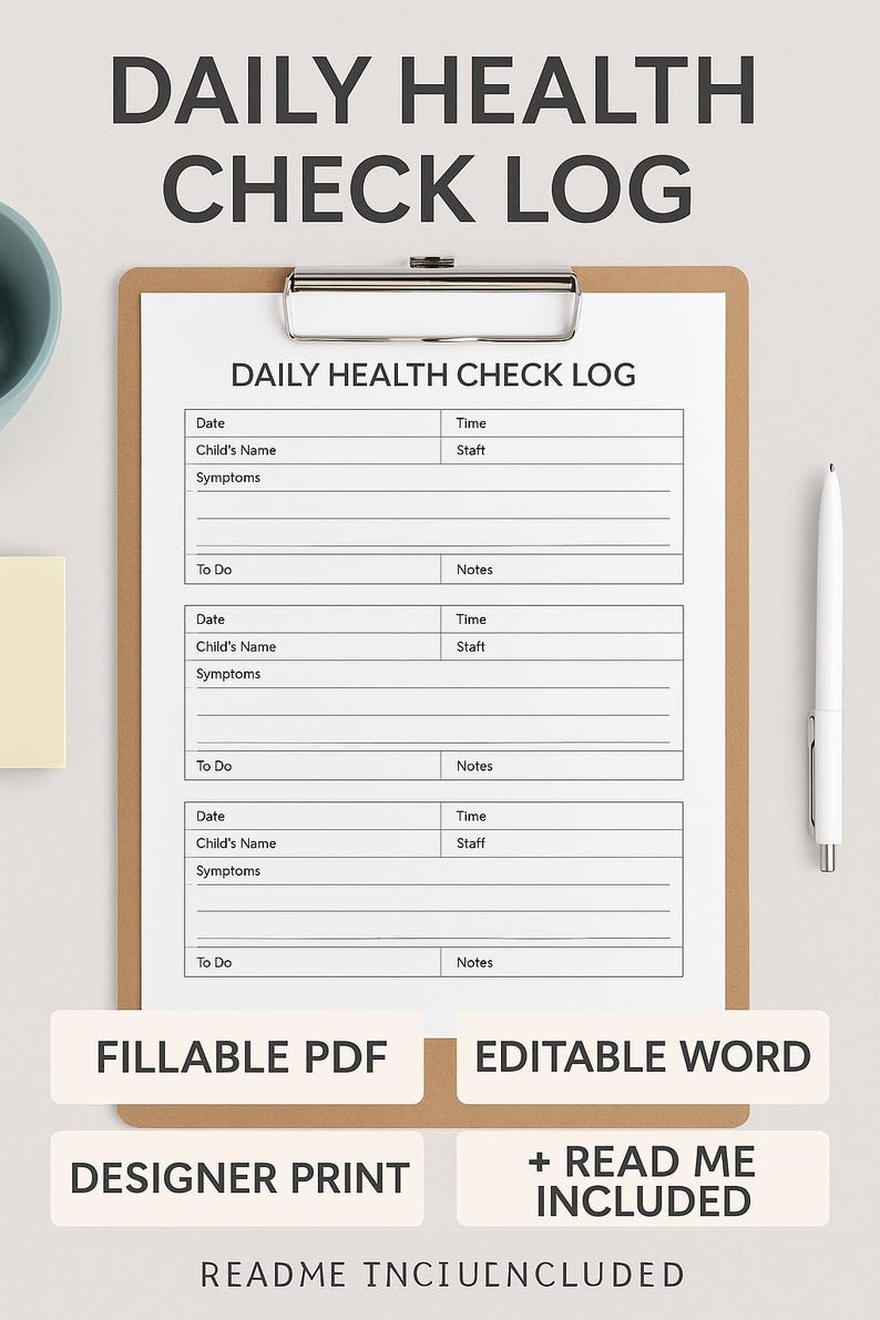 Daily Health Check Log Bundle PDF – Printable & Fillable Childcare ...