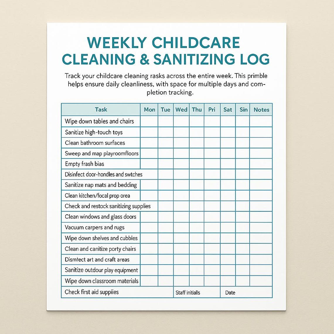 Weekly Daycare Cleaning Log Printable – Editable Sanitizing Checklist ...