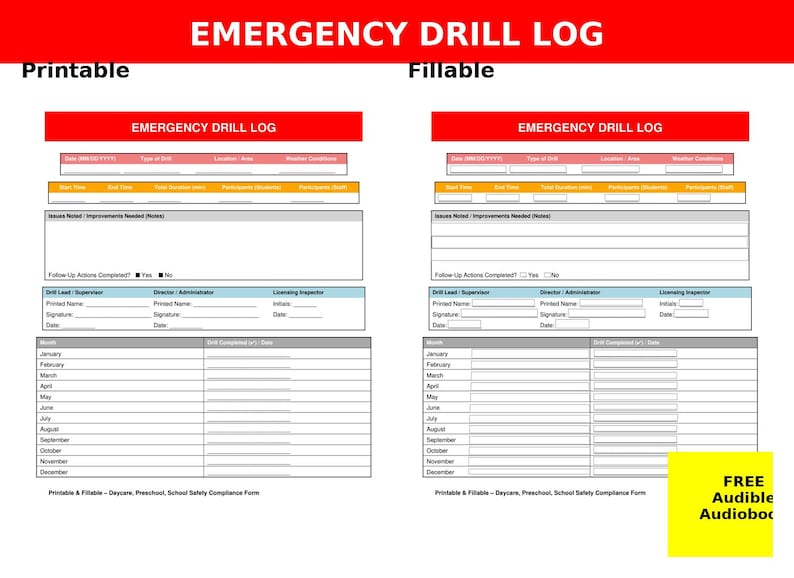 Emergency Drill Log Template | Printable & Fillable PDF | Fire Drill ...