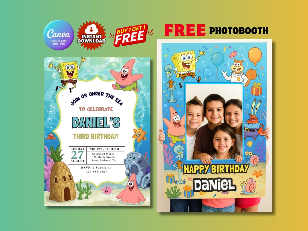 Editable Spongebob Birthday Invitation Template With Matching Photo ...