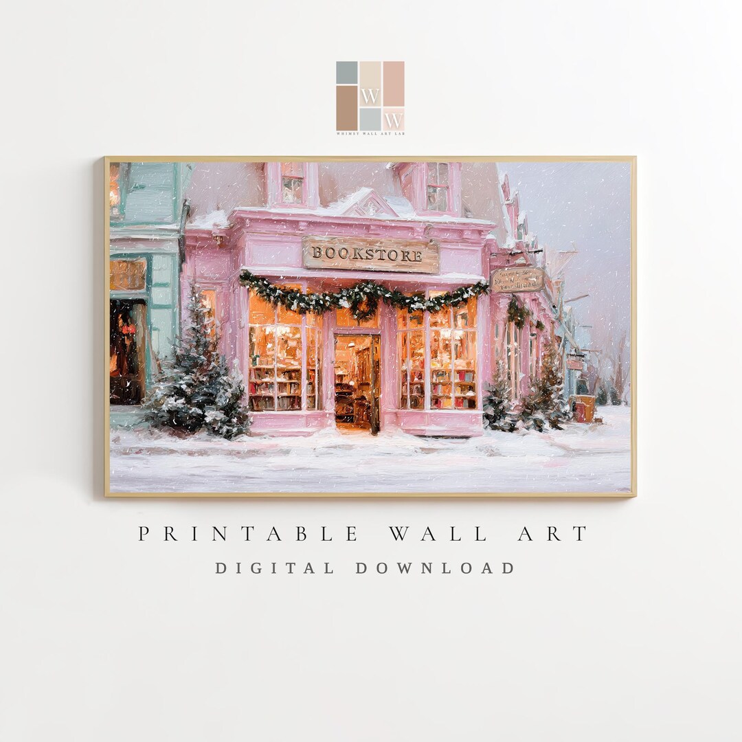 Christmas Bookstore Print - Cozy Winter Village Oil Painted Scene ...