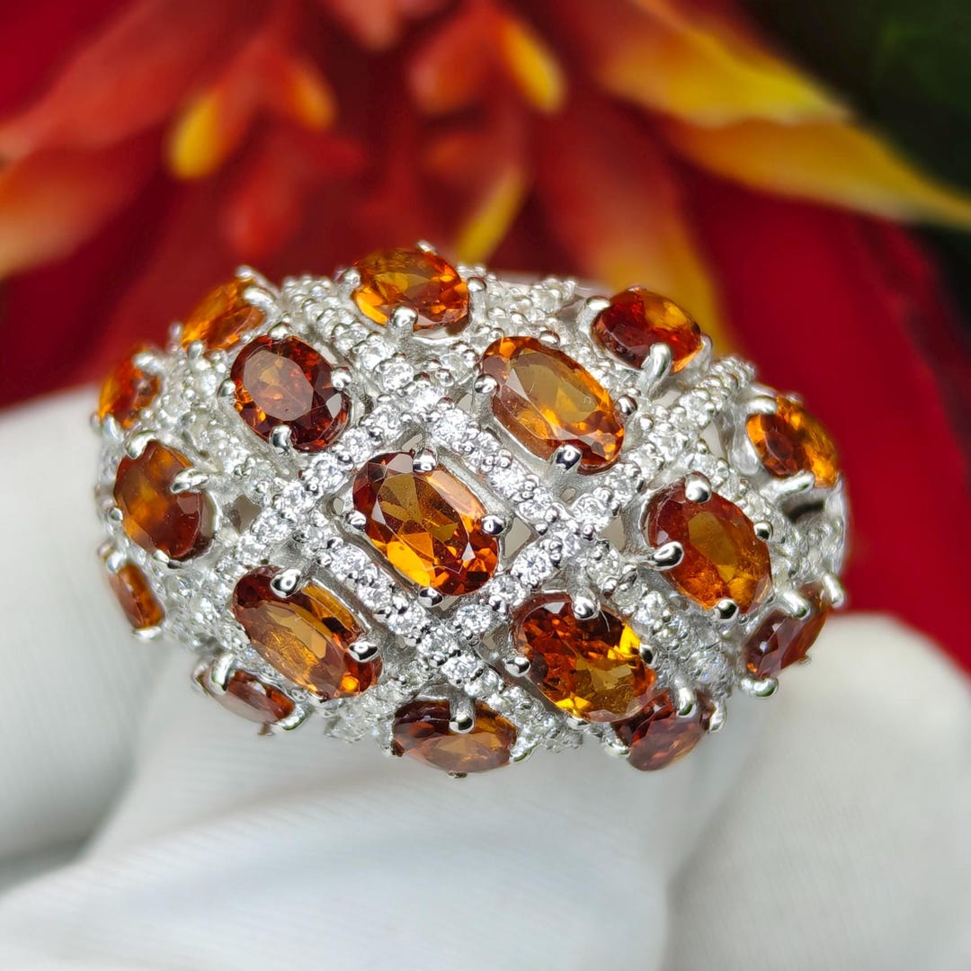 Natural Spessartite Garnet Cluster Ring 925 Sterling Silver | Oval ...