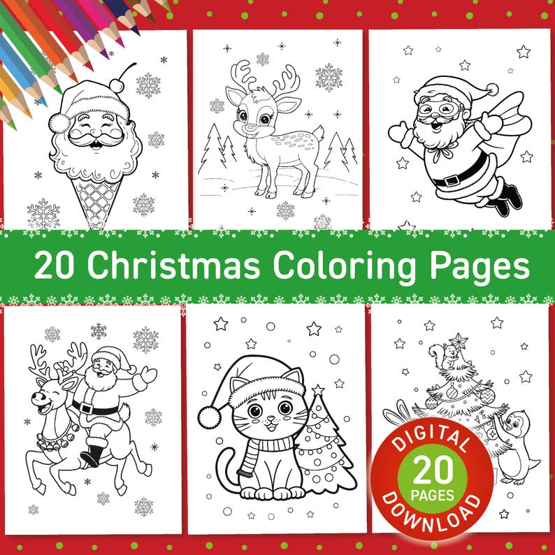 20 Xmas Christmas Coloring Pages Kids Printable Holiday Activity Santa ...