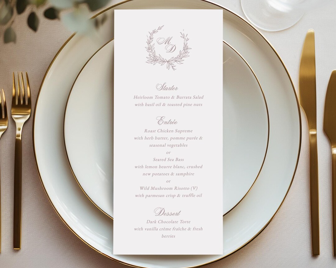 Editable Wedding Menu Template, Lilac Monogram Card, Table Menus ...