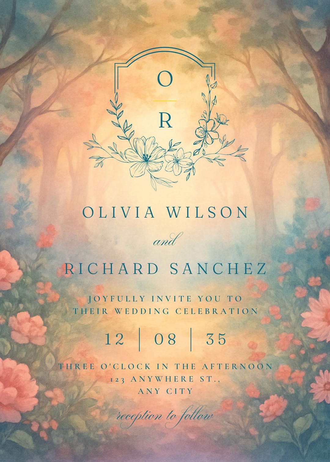 Editable Wedding Invitation Template – Romantic Watercolor Floral ...