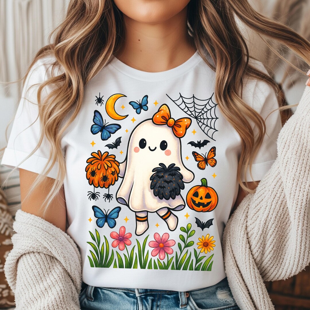 Cute Cheer Ghost PNG, Whimsical Halloween Sublimation, Floral Butterfly ...