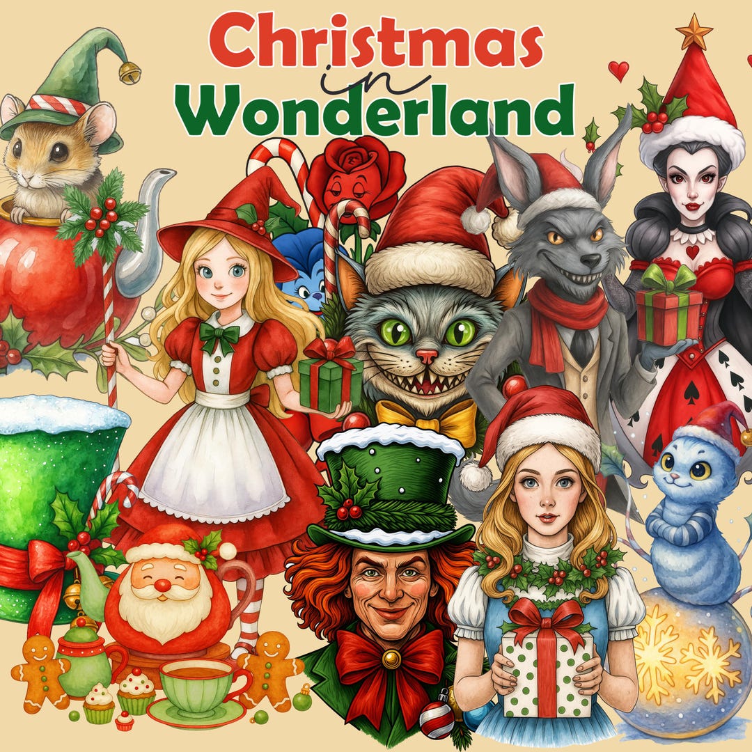 Christmas in Wonderland Clipart Bundle Png Alice Mad Hatter Junk ...