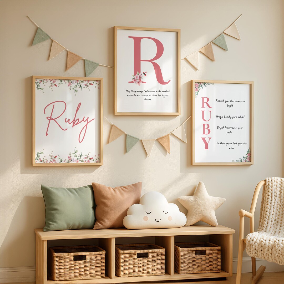 Ruby Girls Nursery Wall Art Set, Personalised Name, Initial, Acrostic ...