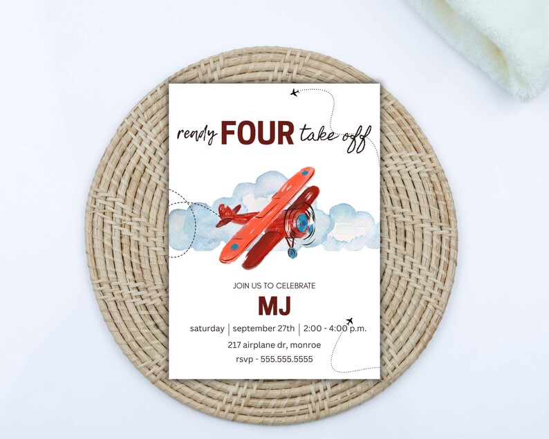 Editable Birthday Party Invitations, 4th Birthday, Airplane, Ready Four ...
