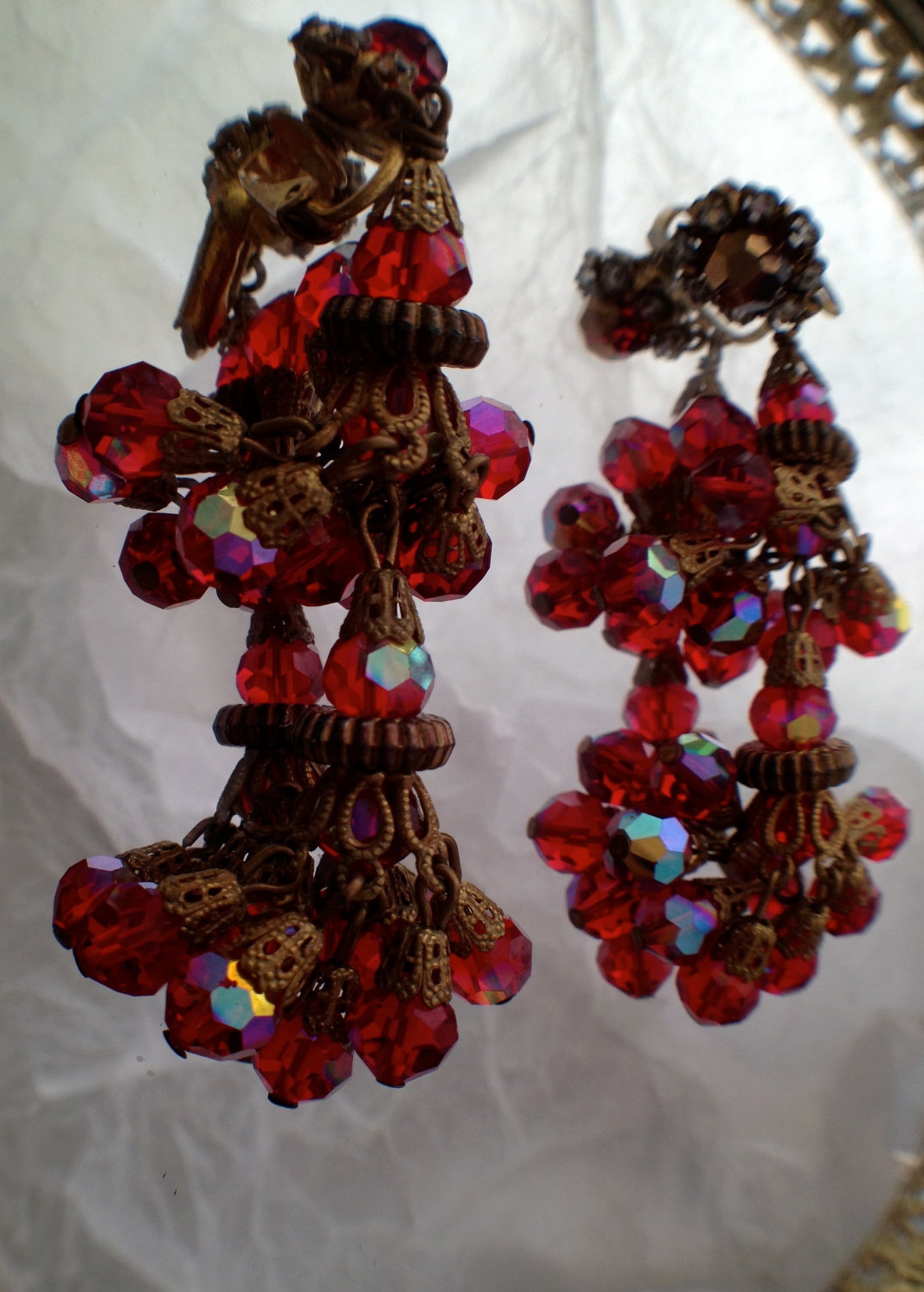 Red and Gold Chandelier Earrings Haskell Style Vintage | Etsy